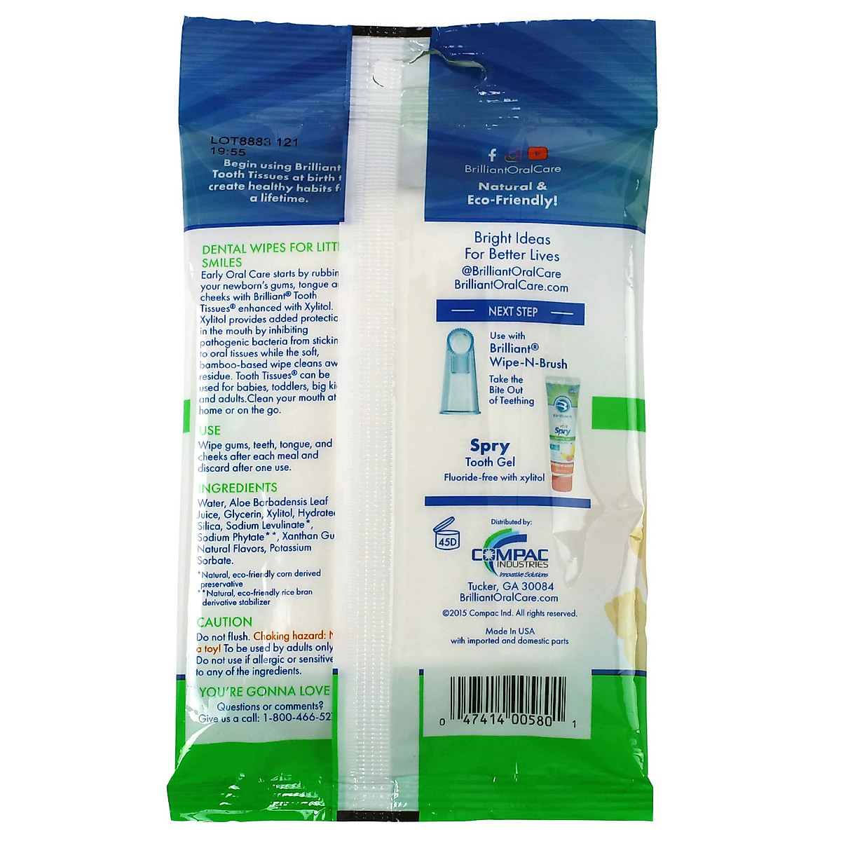 Brilliant Tooth Tissues with Xylitol, Teeth Wipes for Babies and Toddlers, Infant Dental Wipes, Safe if Swallowed, Fluoride Free, Oral Health Must Haves For Baby, All Ages, Bubble Gum Flavor, 30 Count