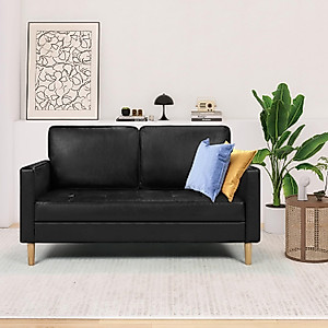 AILEEKISS 57'' Mid-Century Loveseat Faux Leather Sofa Couch with Armrest for Two People Modern 2 Seat Sofa for Living Room (2-Seater, Black)