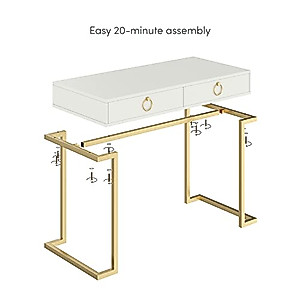 Nathan James Leighton Two-Drawer Writing Glam Accents Brass, Home Office Computer Desk or Vanity Table, 2, White/Gold