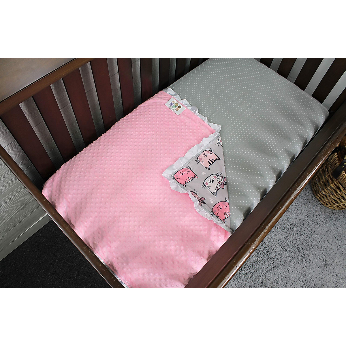 Baby Blanket - Kitty Cats on Grey with Pink Minky Dot and Satin Ruffled Edge
