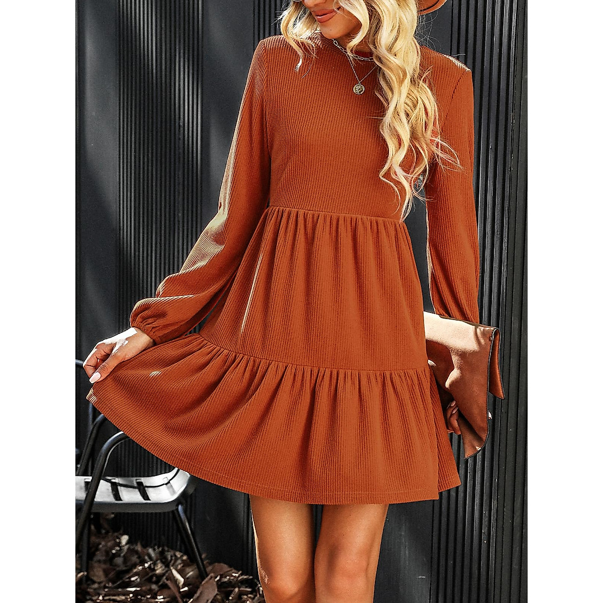 CUPSHE Women's Knitted Dresses Casual Long Sleeve Crew Neck Flowy Tiered Burnt Orange