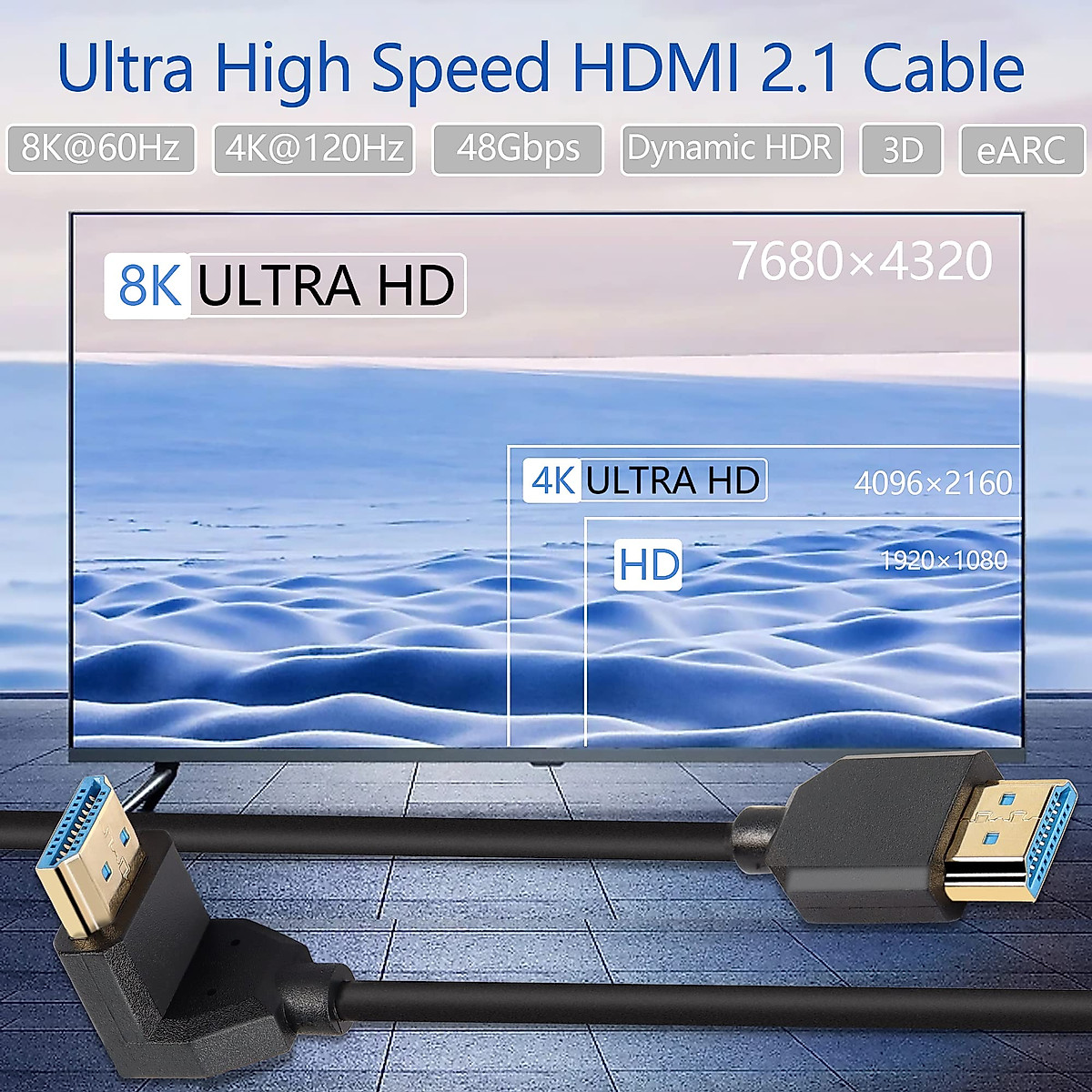 PNGKNYOCN 8K HDMI 2.1 Short Cable,90 Degree Downward Angle 1FT/0.3M Ultra High Speed 48Gbps HDMI Male to Male Cable Support 8K@60Hz,Dynamic HDR,HDCP 2.2&2.3, eARC (Down)