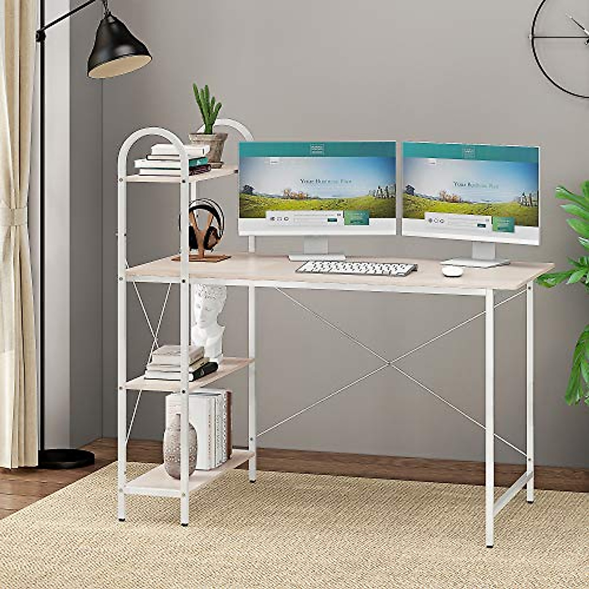 HOME BI Computer Desk with Storage Shelves 47 inch, Reversible Study Writing Table with Adjustable Bookshelf, Mordern Small Desk for Home,Office,Bedroom,White