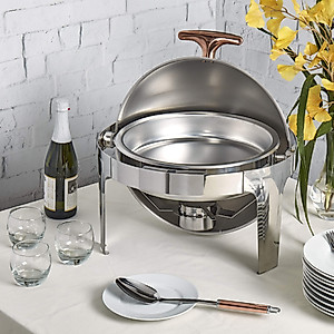 Denmark Tools for Cooks Celebrations Cookware Collection 5 Piece 6.3-Quart Heavy Gauge Stainless Steel Round Chafing Dish Set with Roll Top Lid for Entertaining & Catering