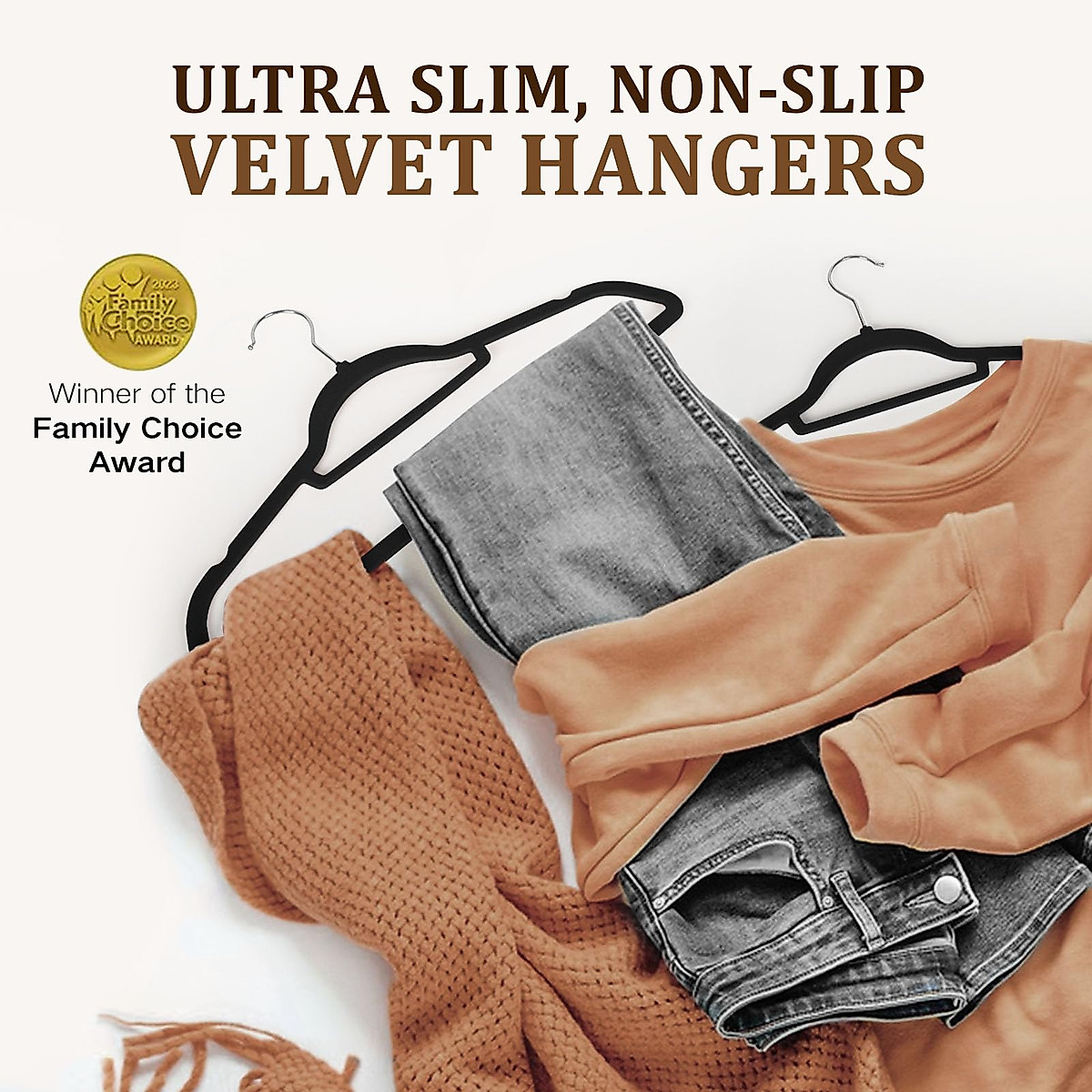 Flysums Velvet Hangers 50 Pack and 10 Clear Clothes Hangers, Heavy Duty Non-Slip Suit Clothes Felt Hangers, Space Saving Keeping Closet Organized,Black