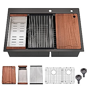 SOMRXO 28 Black Stainless Steel Kitchen Sink Double Bowl 28x22 Drop In Kitchen Sink Workstation Ledge 16 Gauge Gunmetal Black Kitchen Sink Topmount 10" Deep 40/60 Low-Divide Double Bowl Kitchen Sinks