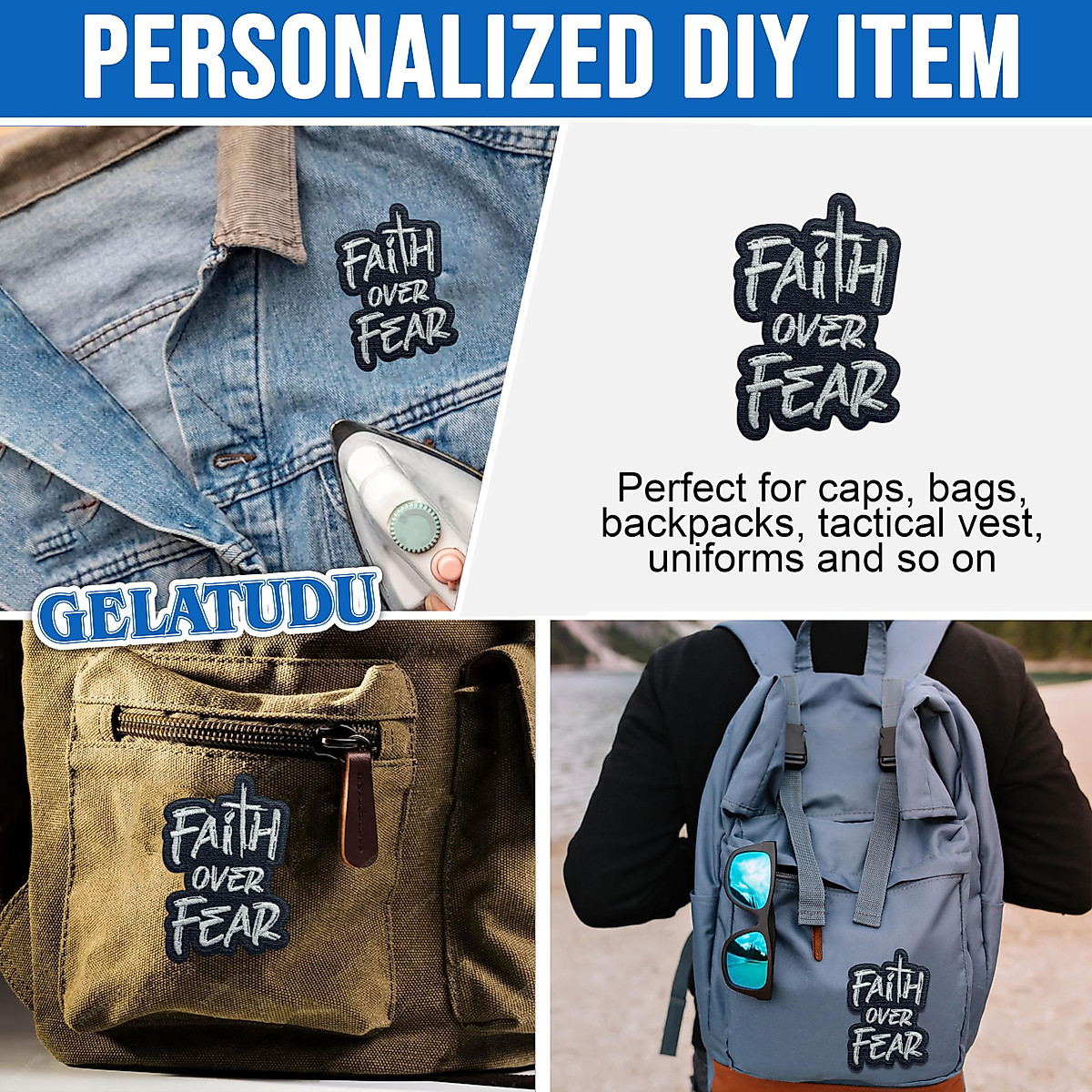 Faith Over Fear Patch-3 Inches Iron On/Sew On Embroidered Applique Patch, Religious Embroidery Patches for Clothes Backpacks Hats Motivational Embroidered Patch Christian DIY Accessories