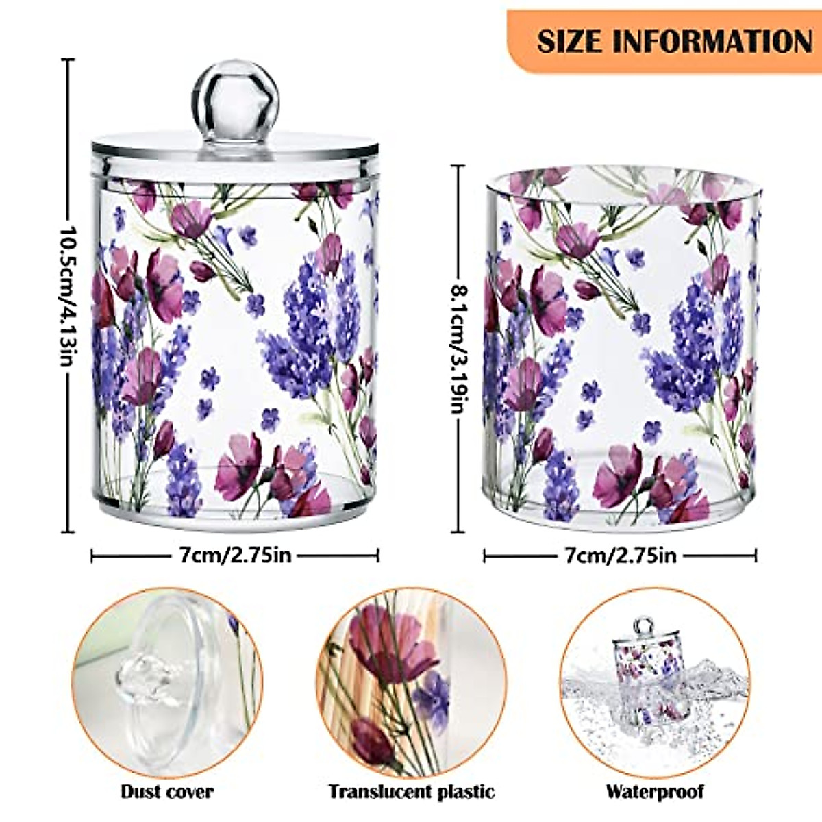 2 Pack Qtip Holder Dispenser for Cotton Ball Purple Lavender on White Cotton Swab Cotton Round Pads Clear Plastic Acrylic Jar Set Bathroom Canister