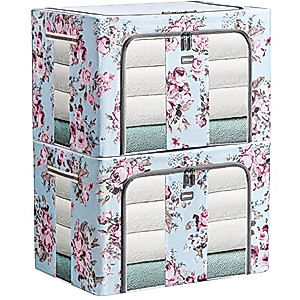 LitBear 2 Pack 100L Clothes Storage Bins Foldable Metal Frame Storage Box - Stackable Oxford Fabric Container Organizer Set with Carrying Handles and Clear Window(Blue floral)