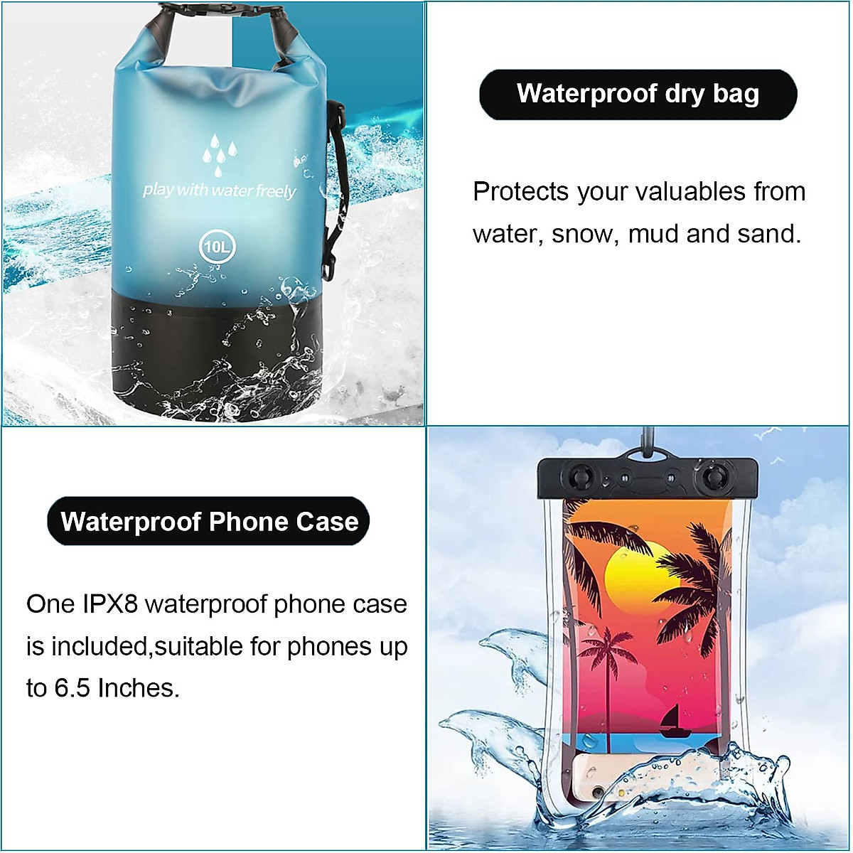 Waterproof Dry Bag,5L/10L/20L Waterproof Floating Backpack Roll Top Dry Sack Keeps Gear Dry,with Waterproof Phone Case for Kayaking,Rafting,Boating,Swimming,Camping,Beach and Fishing (10L-Blue-1pcs)