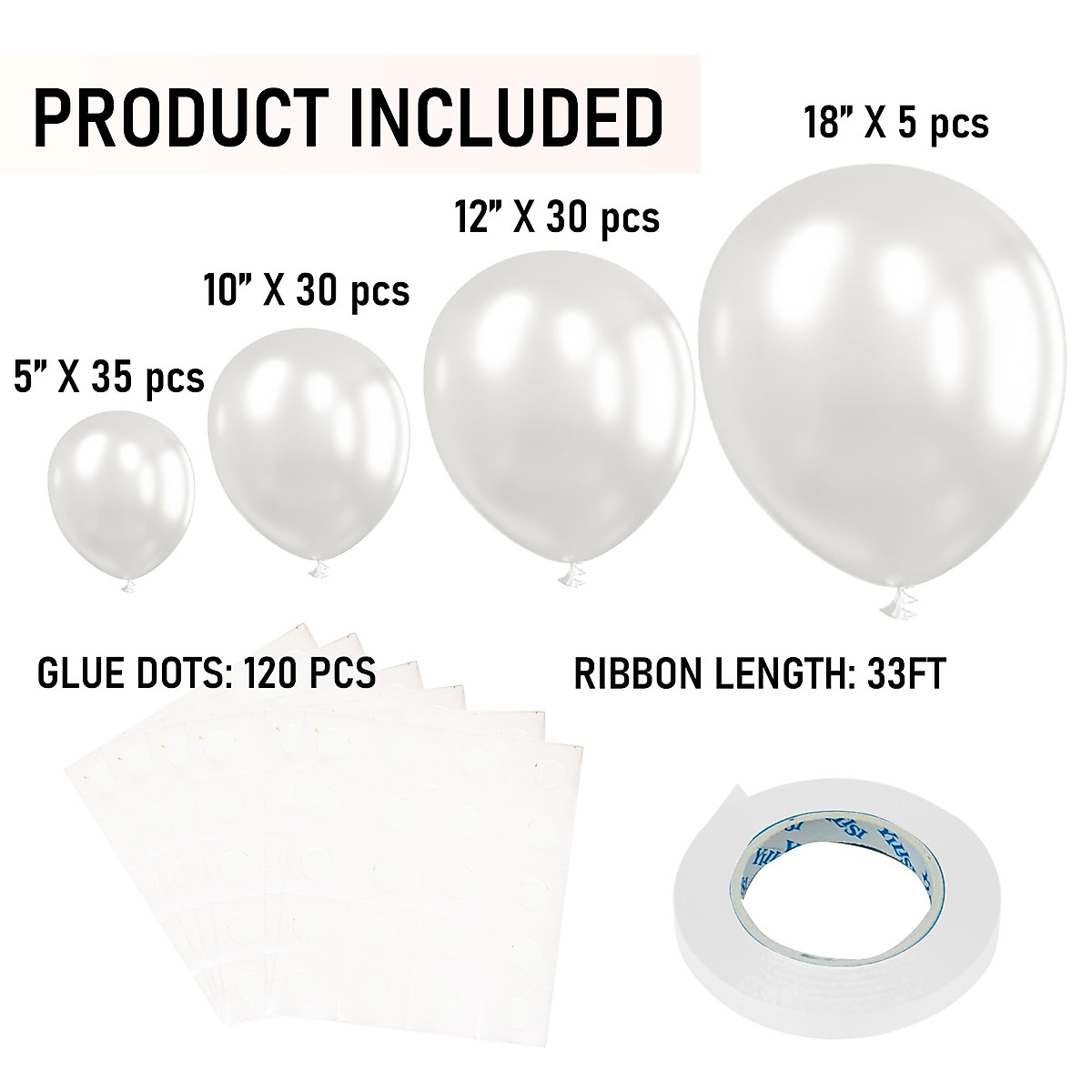 Dazzle Bright 100 PCS White Balloons Latex Balloons Different Party Balloon Kit for Balloon Garland Arch Birthday Party Graduation Baby Shower Wedding Holiday Decoration (18-12-10-5 Inch)