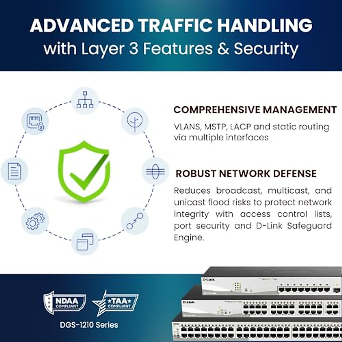 D-Link 10-Port Gigabit Smart Managed PoE+ Switch | 8 PoE+ Ports (130W) + 2 SFP Ports | L2+ | VLANs | Web Managed | Surveillance Mode | Desktop or Rackmount | Fanless | NDAA Compliant (DGS-1210-10MP)