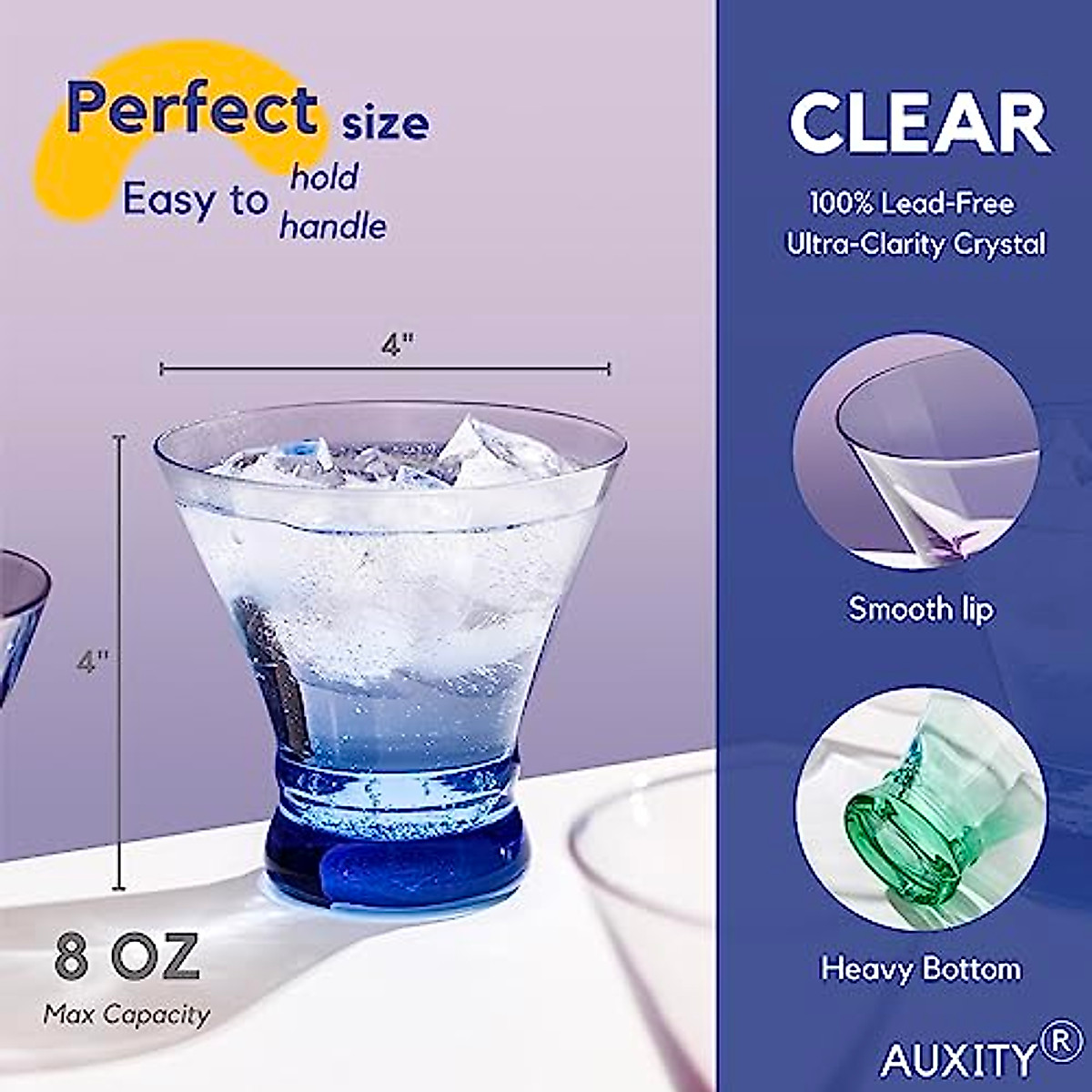 ColoVie Martini Glasses Set of 6(8oz) - Stemless Martini Glass- Colored Cocktail Glasses - Margarita Glasses - Espresso Martini Glass Cups- Home Bar - Party,Birthday,Housewarming Gift