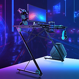 JOY worker Gaming Desk with LED Lights, 43 Inch Z-Shaped Gaming Computer Desk, Carbon Fiber Surface Home Office Game Table with Handle Rack, Cup Holder and Headphone Hook, Black
