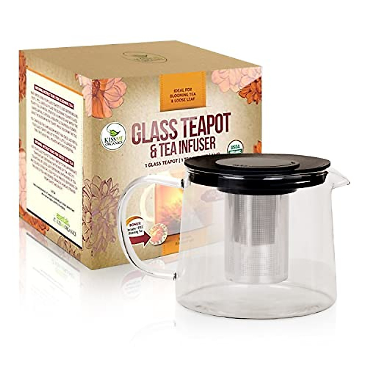 Glass Teapot with Tea Infuser - Stovetop Safe Clear Glass Teapot with Removable Strainer - Perfect for Blooming Tea, Loose Leaf and Other Herbal Teas