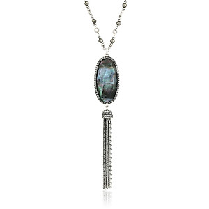 Lucky Brand Silver-Tone Mother-of-Pearl-Look Beaded Lariat Necklace