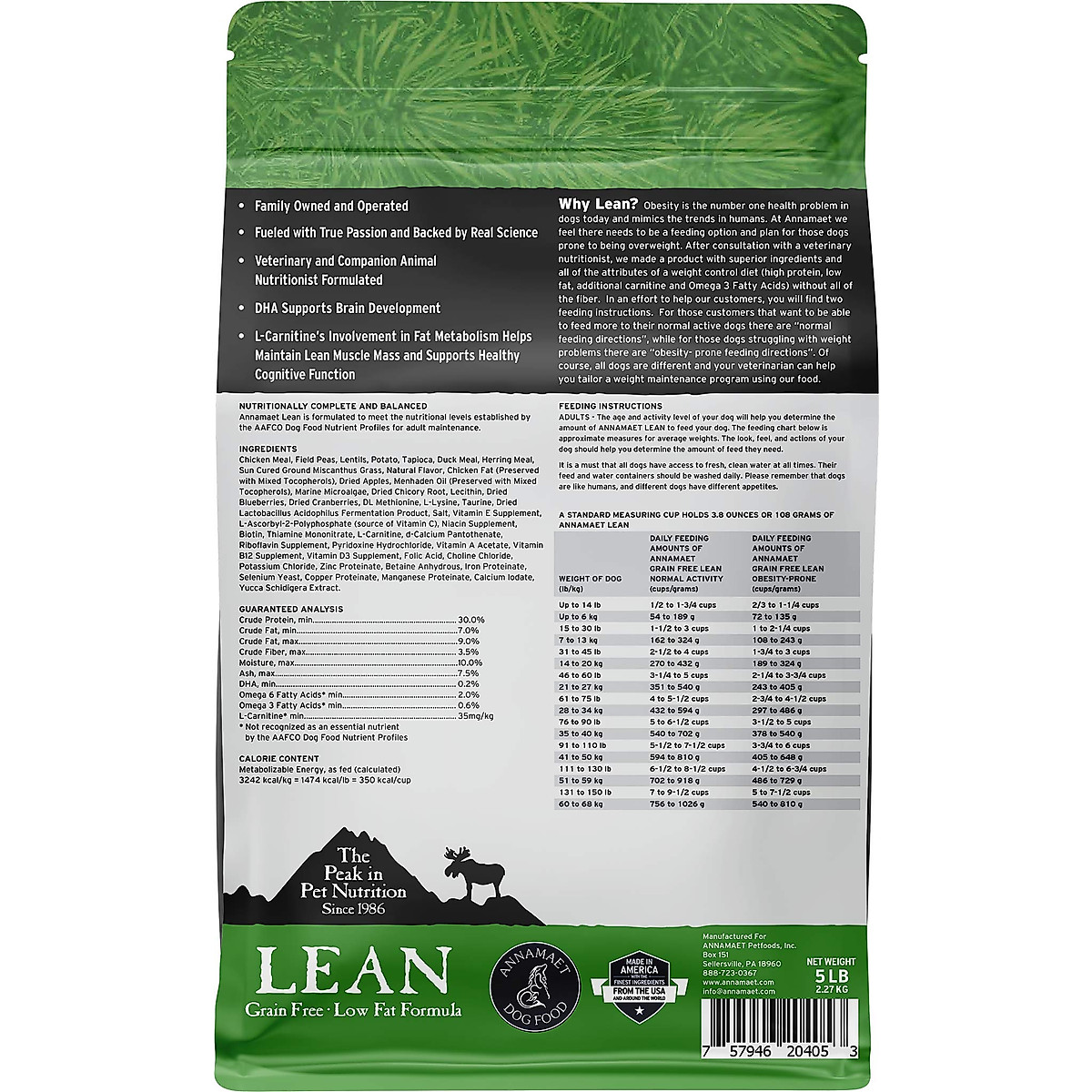 Annamaet Grain-Free Lean Reduced Fat Formula Dry Dog Food, (Chicken & Duck), 5-lb Bag