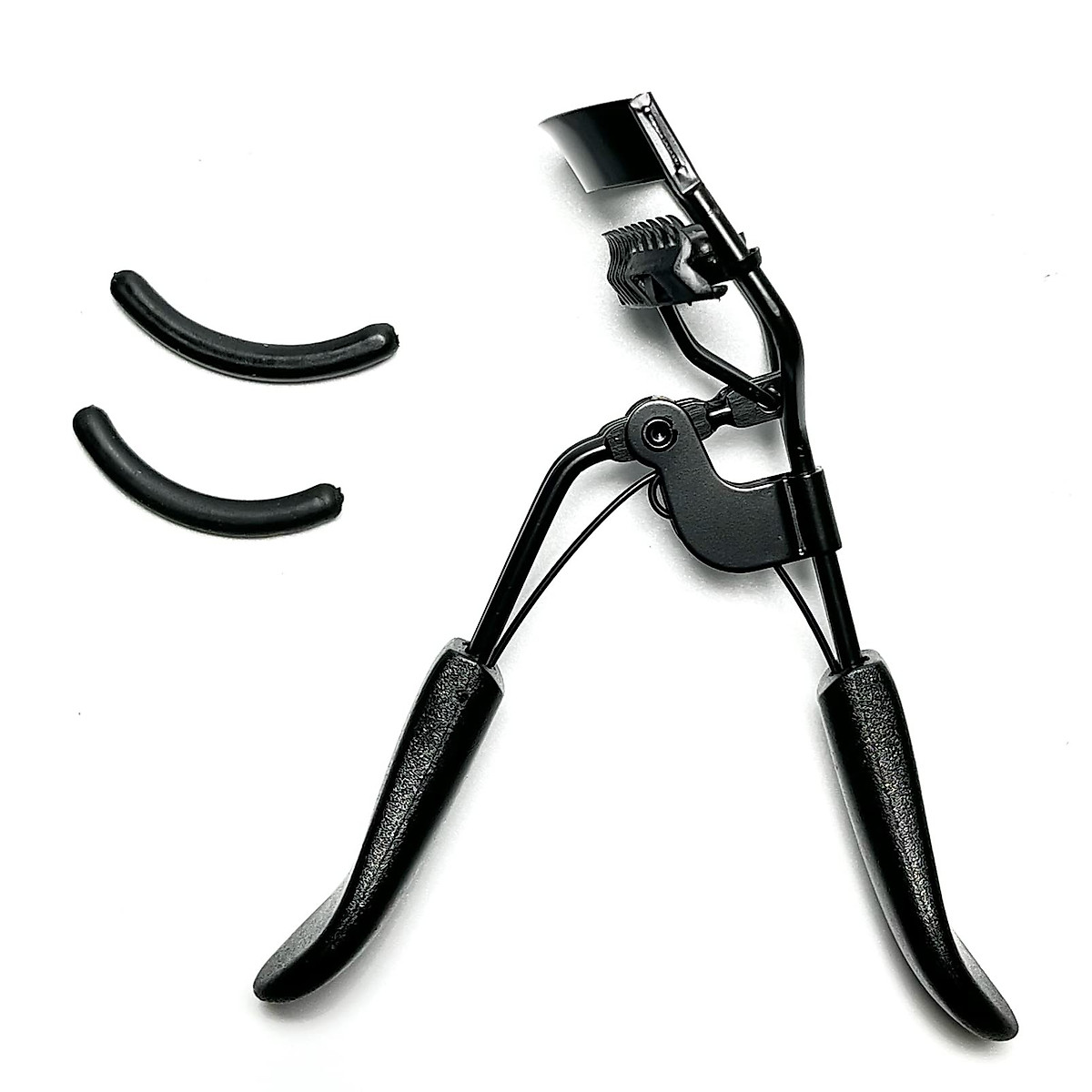 Eyelash Curler with Built in Comb, Eyelash Comb Curlers with Brush Mascara Applicator with 2 Replacement Silicone Refill Pads Separates False Lashes Makeup Tool Stainless Steel Metal Black