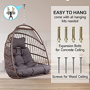 Garden Wicker Hanging Egg Chair with Seat Cushion and Pillow, Rattan Hammock Chair Ideal for Bedroom Patio Porch Lounge (Brown)