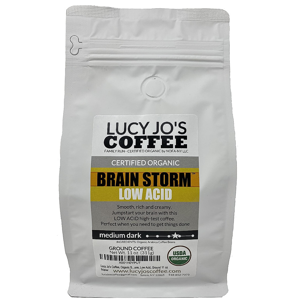 Lucy Jo's Coffee, Organic Brainstorm, Medium Dark Roast, Low Acid, Ground 11 oz