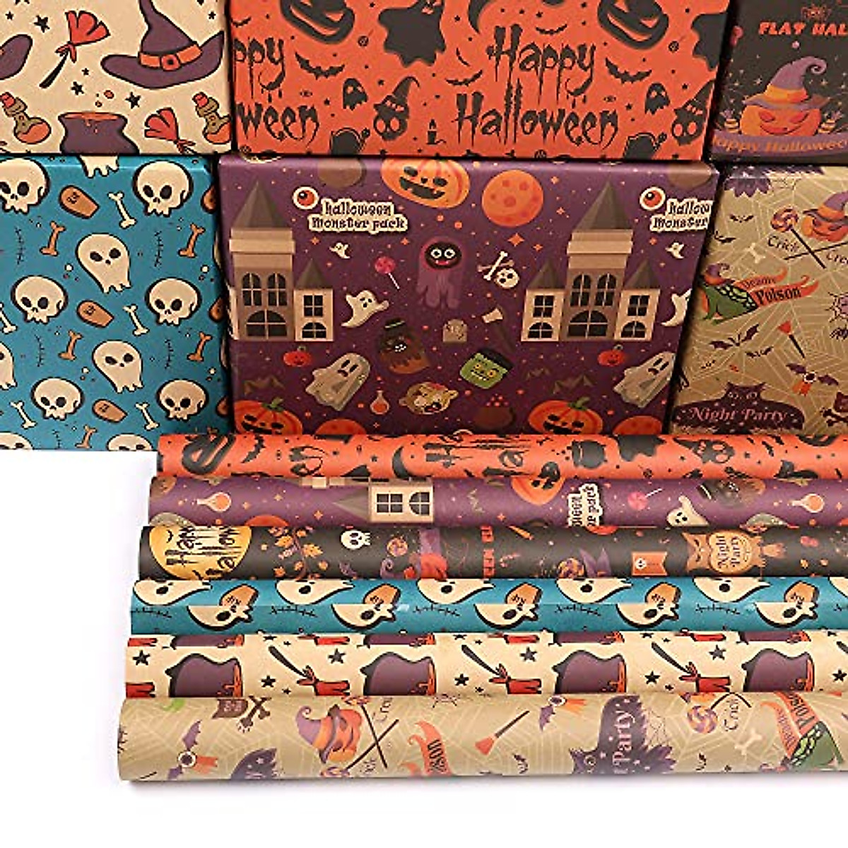 MAMUNU 12 Sheets Halloween Pattern Paper Set, 20×28In Kraft Favor Halloween Wrapping Paper with Sealing Stickers for Halloween Party Decoration DIY Crafting Art Projects