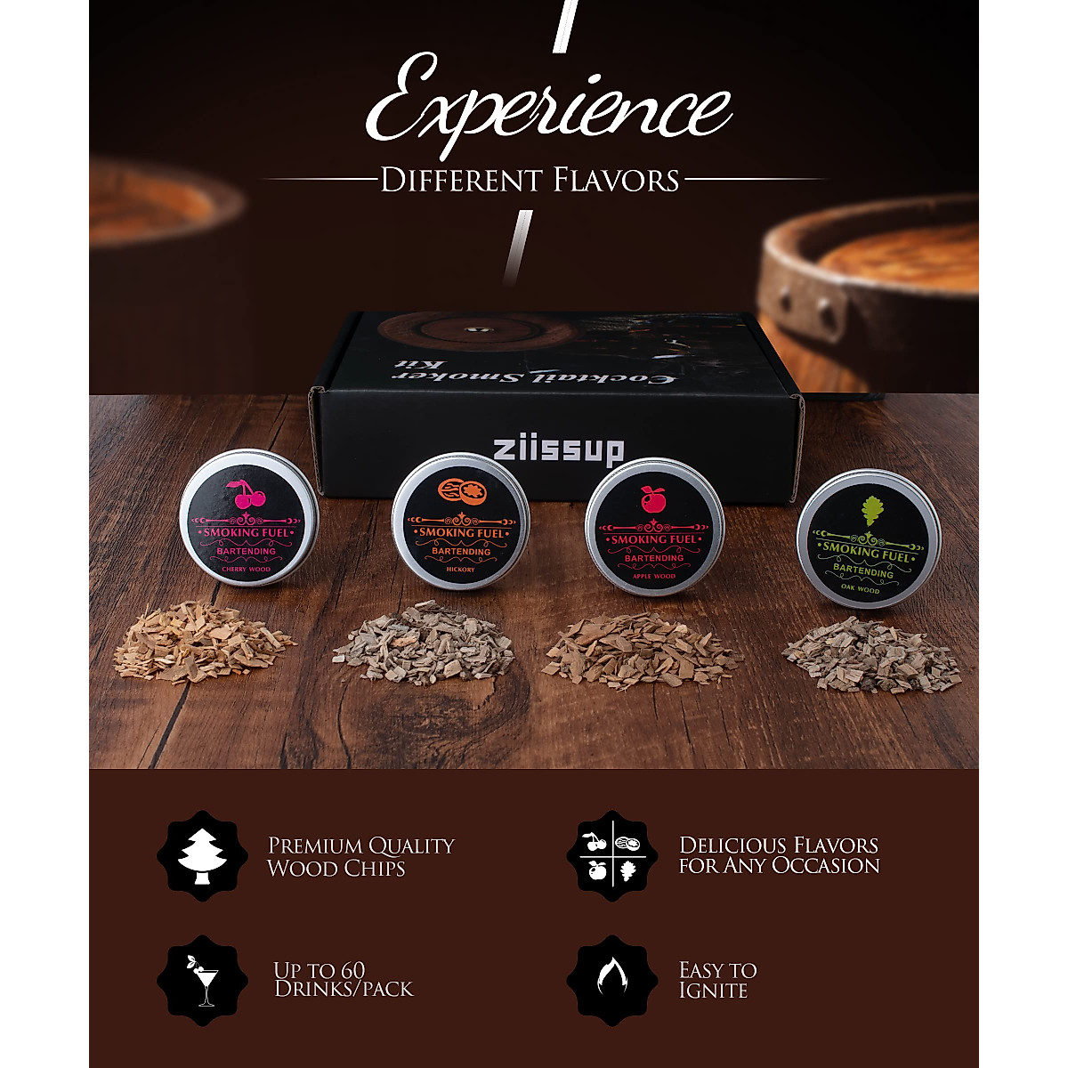 Cocktail Smoker Kit,Ziissup Old Fashioned Cocktail Kit With 4 Flavors of Wood Chips,Whiskey Smoker Kit,Bourbon Smoker kit is Idea Gift For Your Father, Friends & Lover