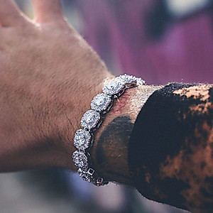 JINAO Silver Tennis Bracelet for Men Women 1 Row 10MM 14k Gold Plated Iced Out Round Cubic Zirconia Cluster Square Halo Wrist Chain Jumbo Bracelet (Silver, 7.0)