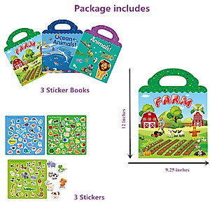 Sticker Books for Kids 2-4, Reusable Sticker Books for Toddlers 1-3 Farm, Ocean and Animals Theme Activity Books Stickers for Girls Boys Preschool Education Learning Toys Birthday Gift