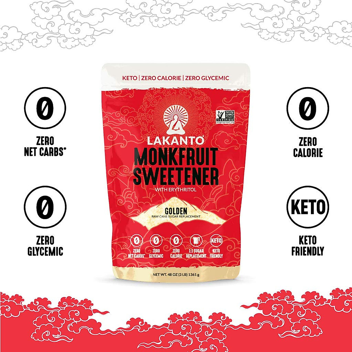 Lakanto Golden Monk Fruit Sweetener with Erythritol - Raw Cane Sugar Substitute, Coffee Tea, Baking, Zero Calorie, Keto Diet Friendly, Zero Net Carbs, Extract, Sugar Replacement (Golden - 3 lb)