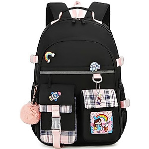 Hey Yoo Cute School Backpack for Girls Backpack for School Bag Kids Backpacks for Girls Kawaii Bookbag for Teen Girls (Black)