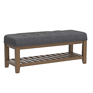 24KF Large Rectangular Upholstered Tufted Linen Fabric Ottoman Bench, Padded Bench with Solid Wood Shelf-Charcoal