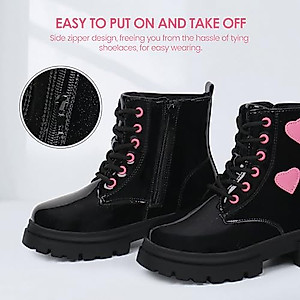 starmerx Girls Ankle Boots Lace Up Combat Boot Side Zipper Comfortable Boys Boots (2,Black Heart)