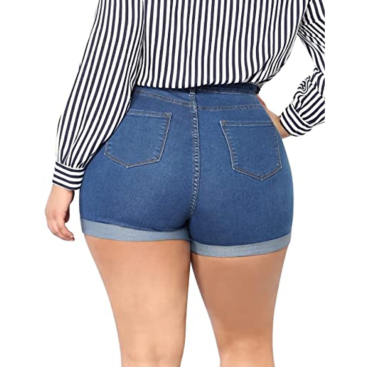 Cuihur Women's Plus Size Summer High Waisted Denim Shorts Folded Hem Casual Jeans Short Dark Blue 14