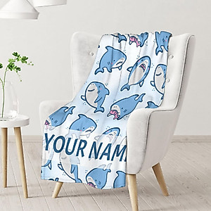 Custom Shark Blanket Gifts with Name - 30x40 Inches Cute Throw Blanket for Women & Girls - Light Blue Soft Fuzzy Plush Blankets for Couch, Office