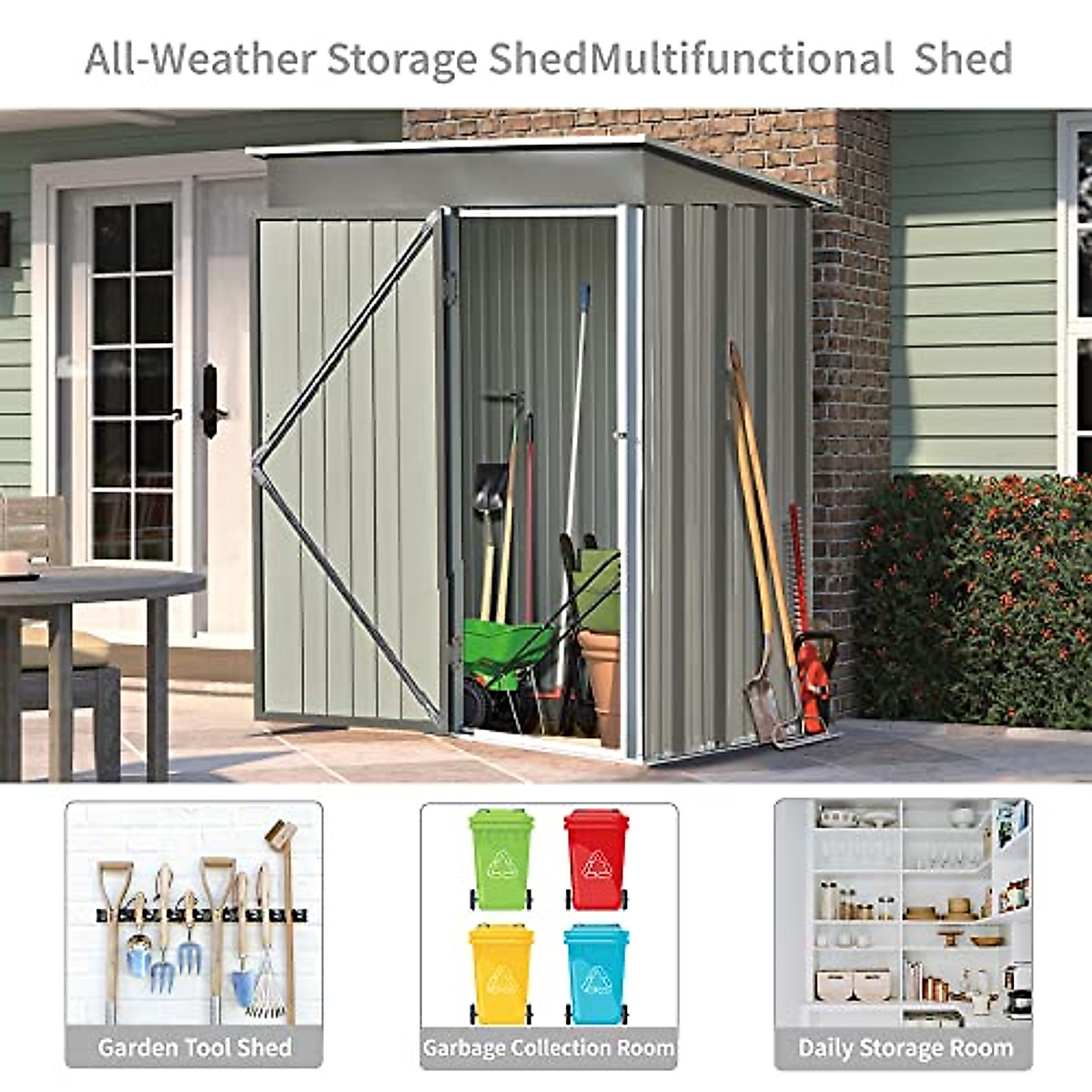 Knocbel 5 x 3ft Outdoor Garden Metal Lean-to Storage Shed with Single Lockable Door, Weather Resistant Tool Shed for Garbage Cans Lawnmower, Ideal for Backyard Patio Lawn (Gray)