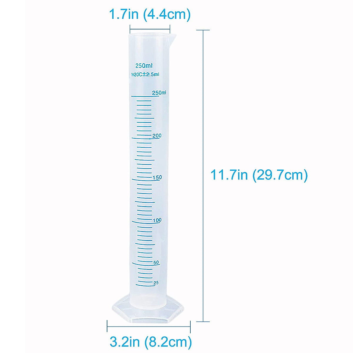 6Pack Plastic Graduated Cylinder 250 ml Transparent Measuring Cylinder Set, Science Measuring Test Tube Flask, Graduated Cylinder Beaker with 2-Sided Marking & Pour Spout for Home and School Science