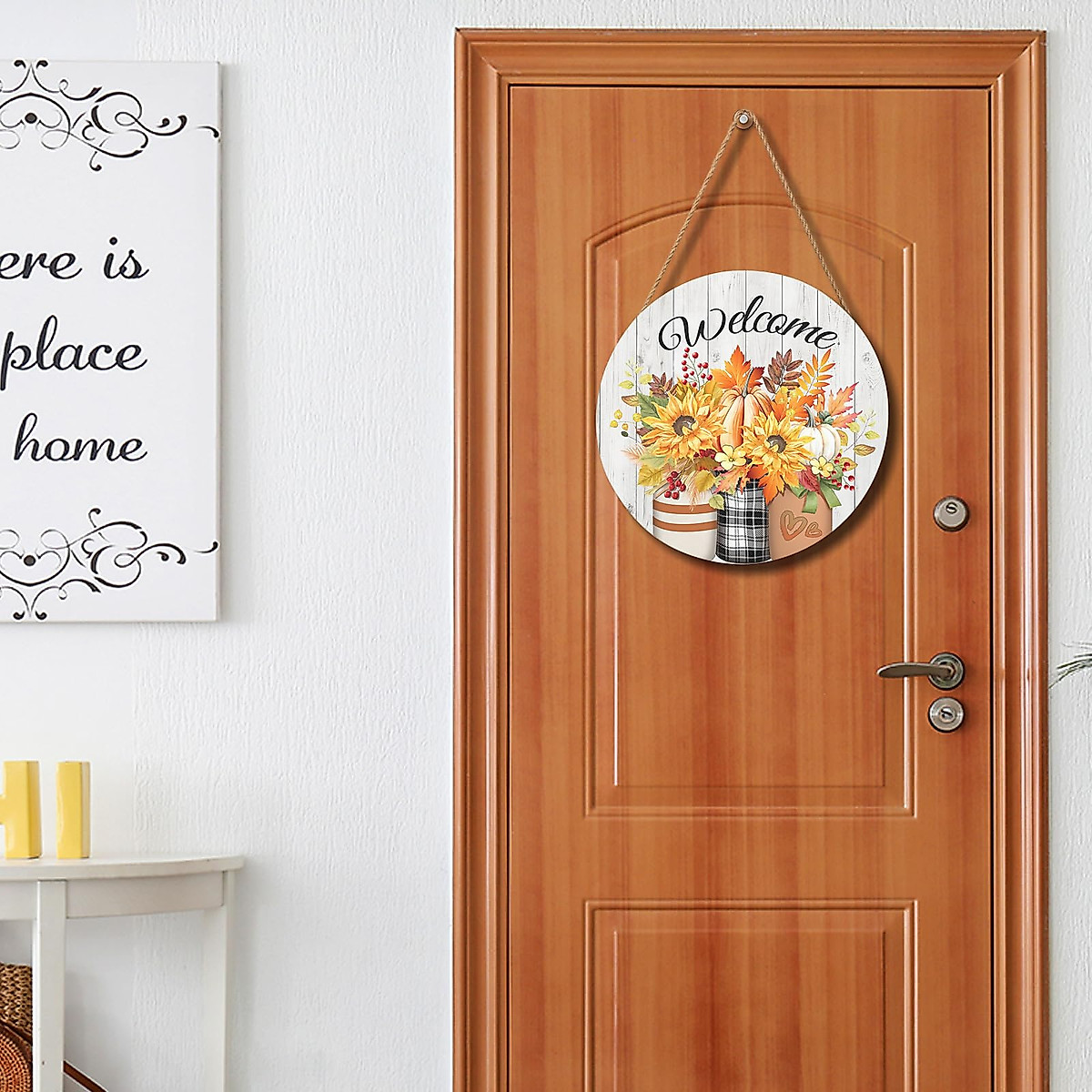 Fall Welcome Sign Door Sign 12"x12" Rustic Fall Decorations Hanging Door Sign Thanksgiving Farmhouse Welcome Round Wooden Sign for Home Front Door Wall Porch Yard Garden