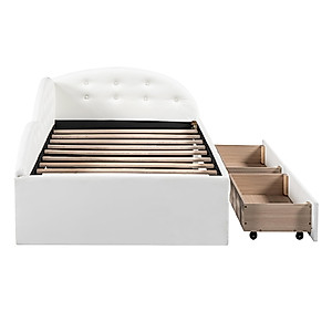 Hlcodca Twin Size Upholstered Daybed with Two Drawers and Cloud Shaped Guardrail, Pu Upholstered Tufted Platform Bed Frame with Wooden Slat Support for Bedroom Living Room (White-007)