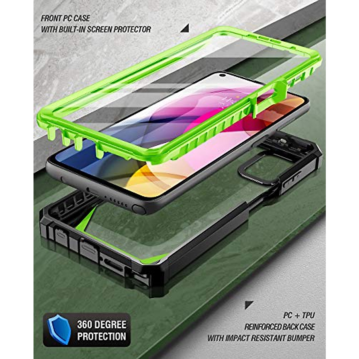 Poetic Guardian Series Case Designed for Motorola Moto G Stylus (2021), Full-Body Hybrid Shockproof Bumper Cover with Built-in-Screen Protector,Green/Clear