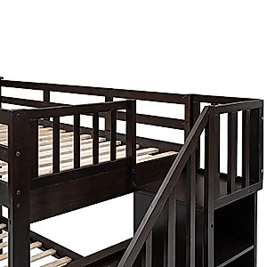 Woanke Twin Over Full Stairway Bunk Bed, Solid Wood Bed Frame with with Twin Size Trundle, Stairway, Storage and Guard Rail for Bedroom, Dorm, No Need Spring Box, Espresso