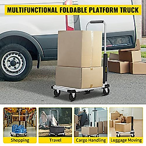 VEVOR Folding Platform Truck, Portable Hand Truck Adjustable Length, Aluminum Push Cart Telescoping Handle with 4 Wheels 330LBS Capacity for Luggage Travel Shopping