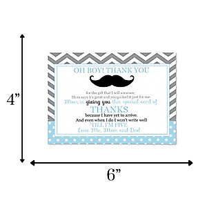 15 Mustache Thank You Cards with Grey Envelopes - Stationery for Boys Baby Shower - Dapper Chevron Stripes