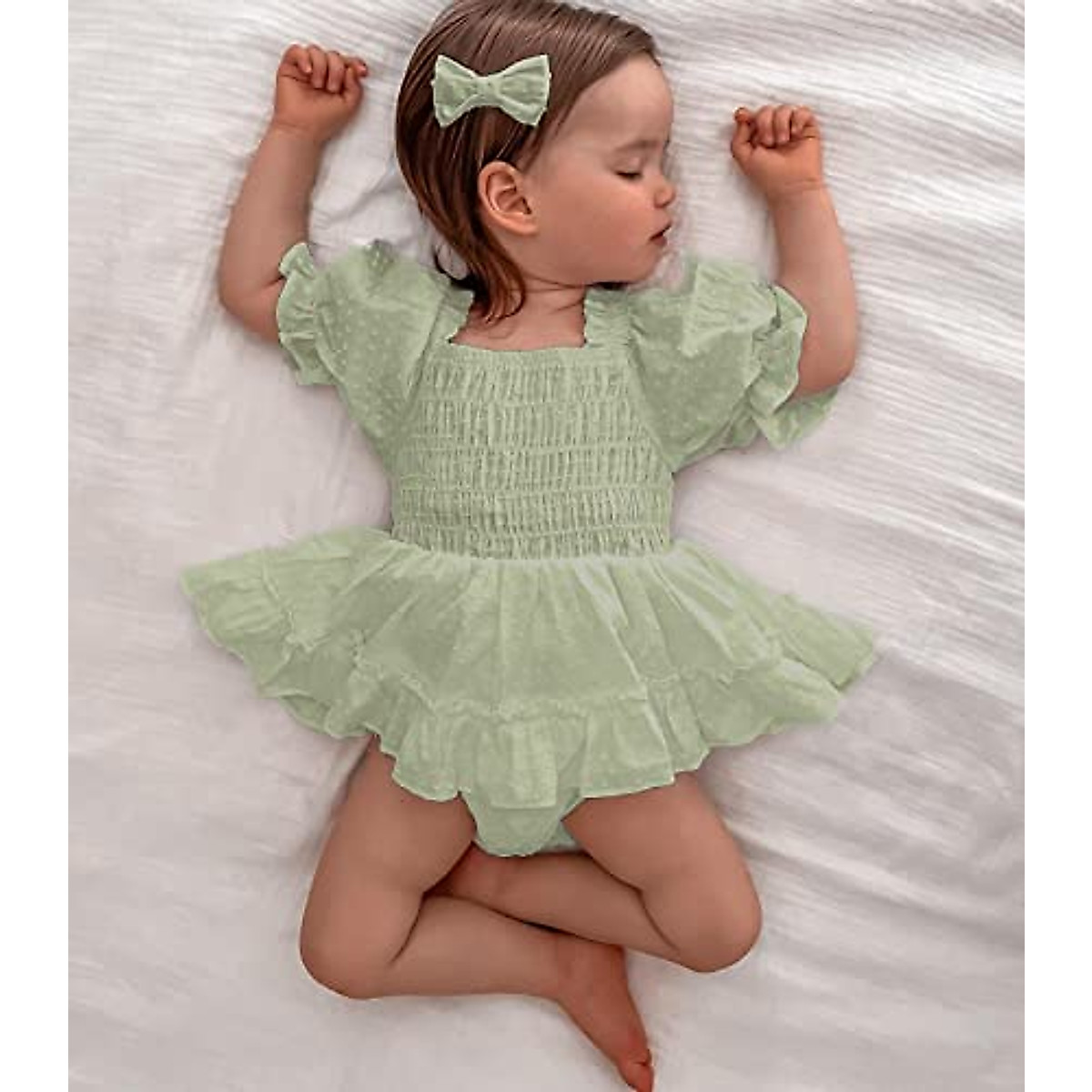 Infant Baby Girls Romper Dress Dot Pattern Short Sleeve Ruched Jumpsuits Skirts Hem Bodysuits Headband (Green dots, 6-12 Months)