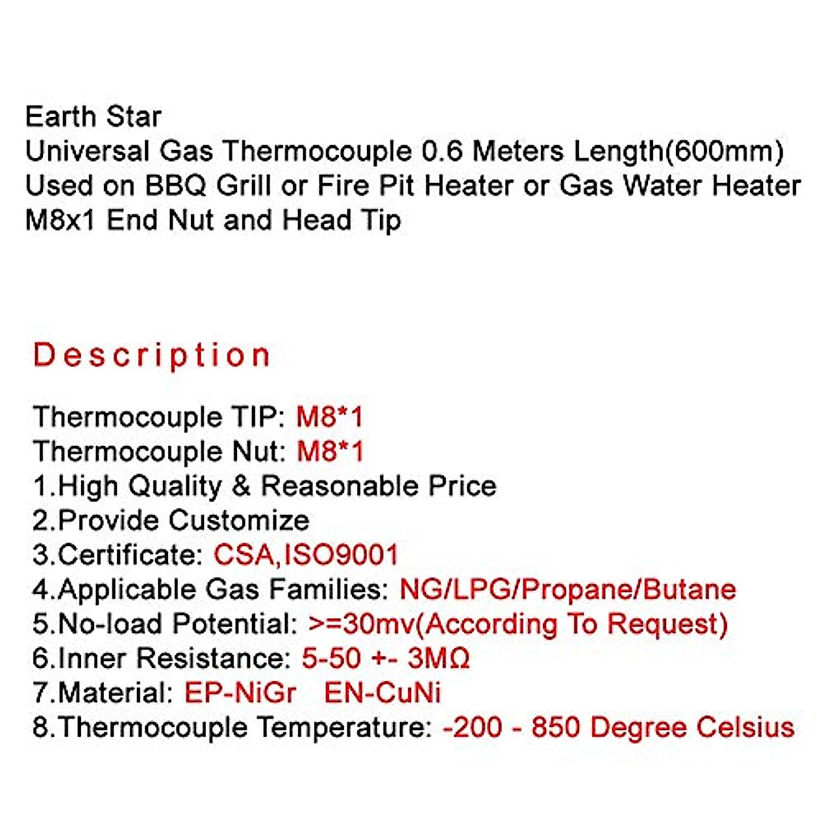 Universal Gas Thermocouple 24" Length Used on BBQ Grill or Fire Pit Heater or Gas Water Heater M8x1 End Nut and Head Tip