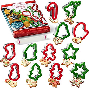 JOYIN 13 Pcs Stainless Steel Christmas Cookie Cutters with Comfort Grip 3.5í plus a Rolling Pin for Large Holiday Cookies, Snowflake Cookies, Gingerbread Man Cookies, Christmas Party and Baking Gift