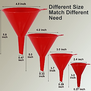 KongNai 4 Pieces Plastic Funnel Set for Kitchen and Automotive Use, Mini, Small, Medium and Large Funnel for Filling Bottles, Canning, Cooking, Lab or Car Oil Funnels
