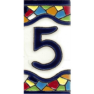 Toro del Oro - House Number - Number for House, Glazed Ceramic, Hand Painted Spanish Technique Cuerda Seca, Names and Addresses, Mosaic Pattern 5.5 x 10.5 cm (5)