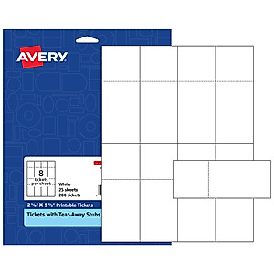 Avery Printable Tickets, 2-1/8" x 5-1/2", Laser/Inkjet, 200 Tickets, Great for Raffle Tickets (16431)