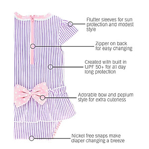 RuffleButts Infant/Toddler Girls Peplum Skirt One Piece Rash Guard Swimsuit - Lilac Seersucker - 12-18m