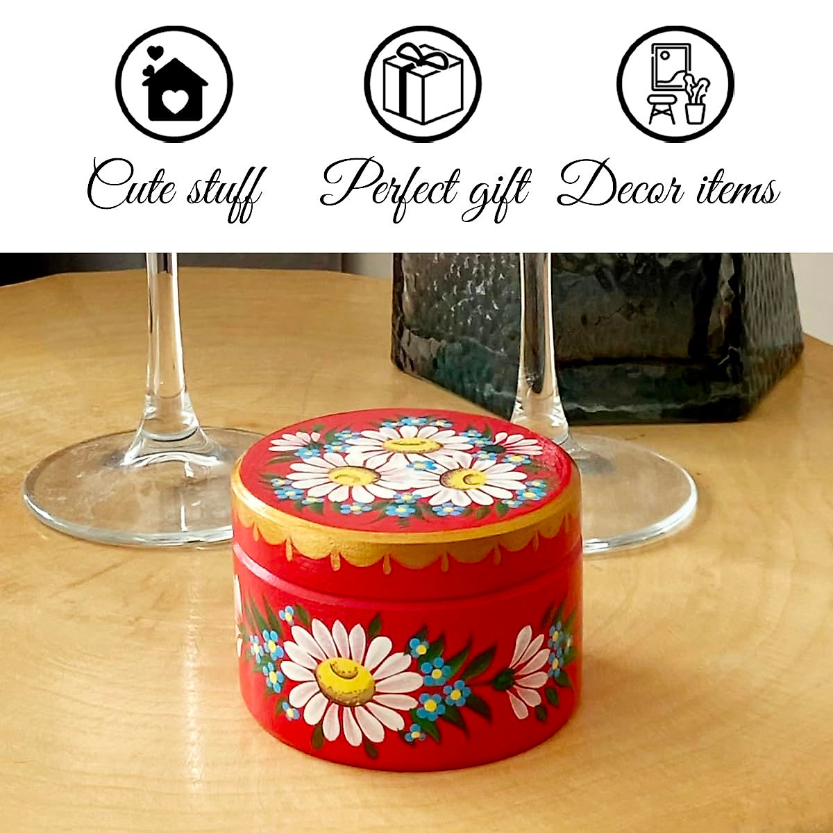 AEVVV Red Round Wooden Trinket Box with Lid for Jewelry - Decorative Wooden Box with Hand Painted Slavic Floral Design - Lacquer Engagement Ring Box Flowers